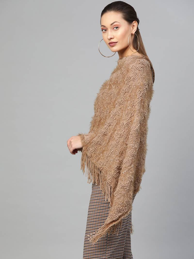 Beige Woolen Poncho - SASSAFRAS - 3155859