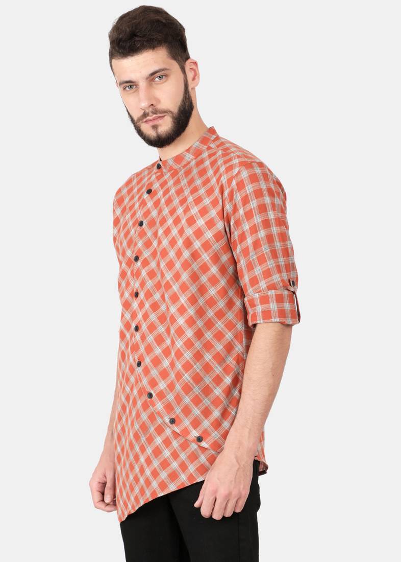 Orange Checkered Pure Cotton Hip Length Kurta - Svanik - 3158869