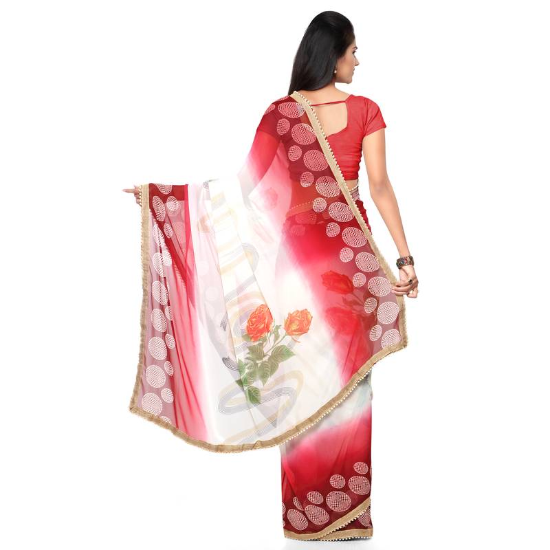 White & Red Printed Pure Georgette Saree With Blouse Pics - kvsfab ...