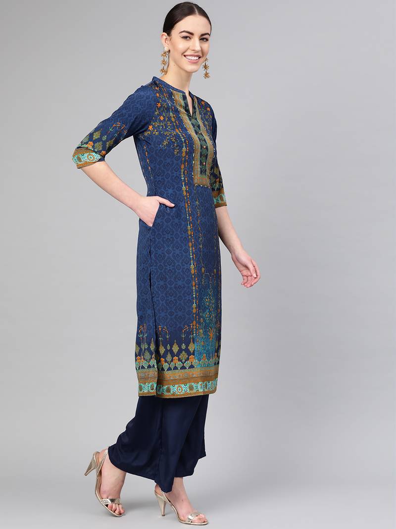 Navy-blue printed polyester salwar - Shree The Indian Avatar - 3159886