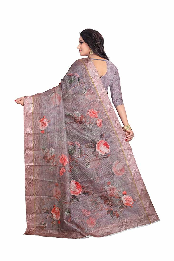 Women's Purple Rose Printd cotton Saree - ZEELPIN ENTEPRISE - 3164765