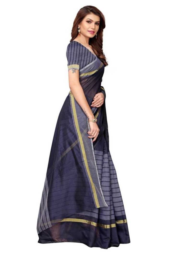 dark blue striped print cotton saree with blouse - PRKZ FASHION - 3167340