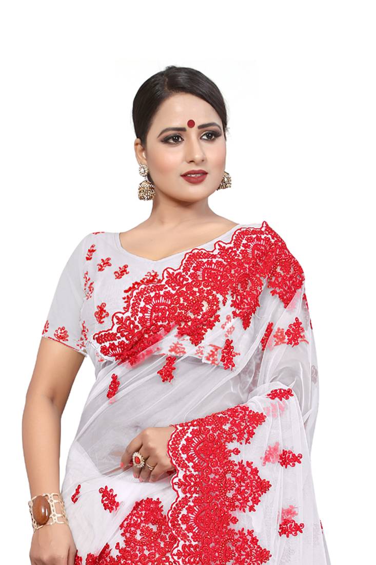 White Embroidered Net Saree With Blouse - KAD CREATIONS - 3171232