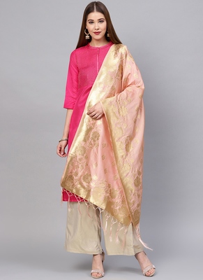 Women Baby Pink Color Woven Traditional Dupatta - Monjolika - 3178944