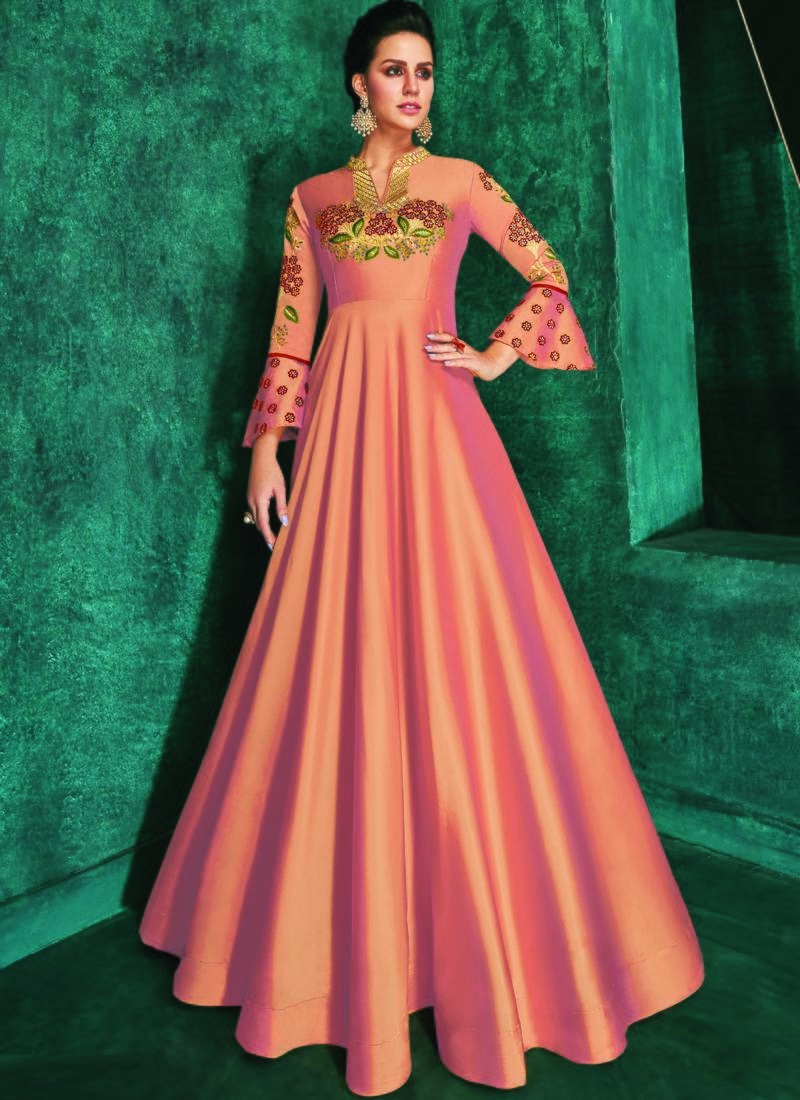 peach embroidered silk blend readymade suits - Vasu Sarees - 3180147