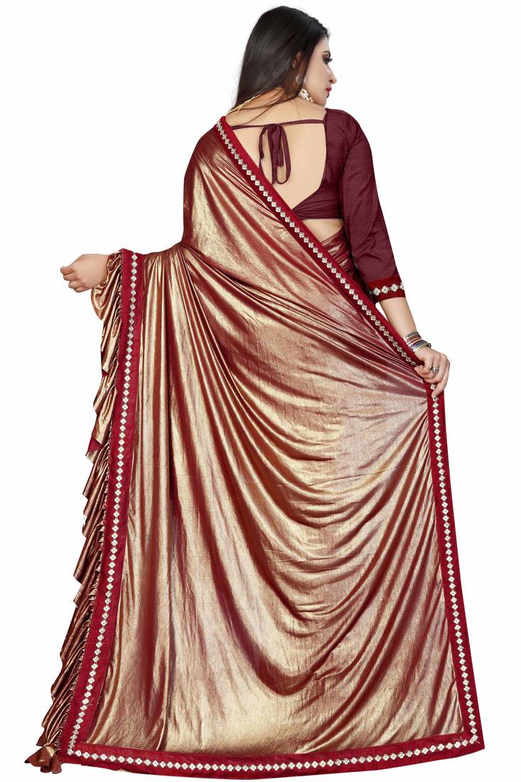 Rust printed lycra saree with blouse - Stylehut - 3181381