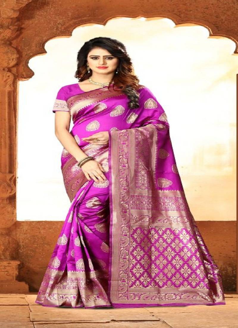 Rani Pink Woven Art Silk Saree With Blouse - MARUTI - 3181608