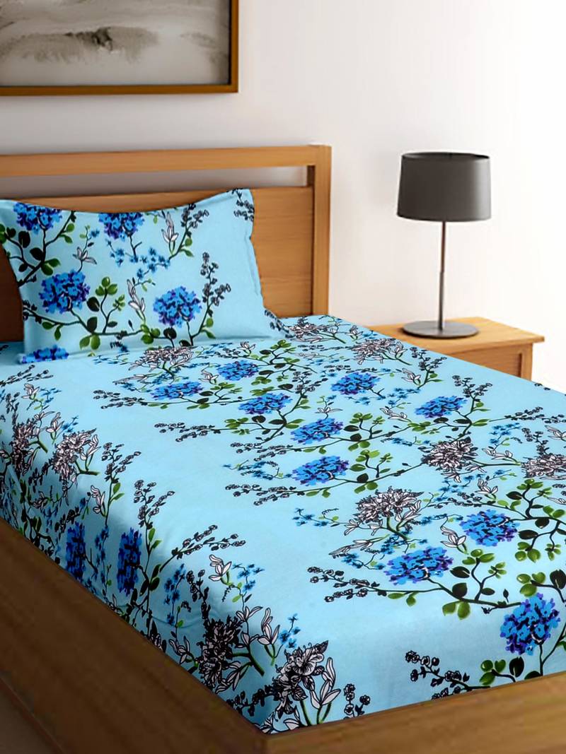 Blue floral print Poly Cotton bed sheets - Cortina - 3182209