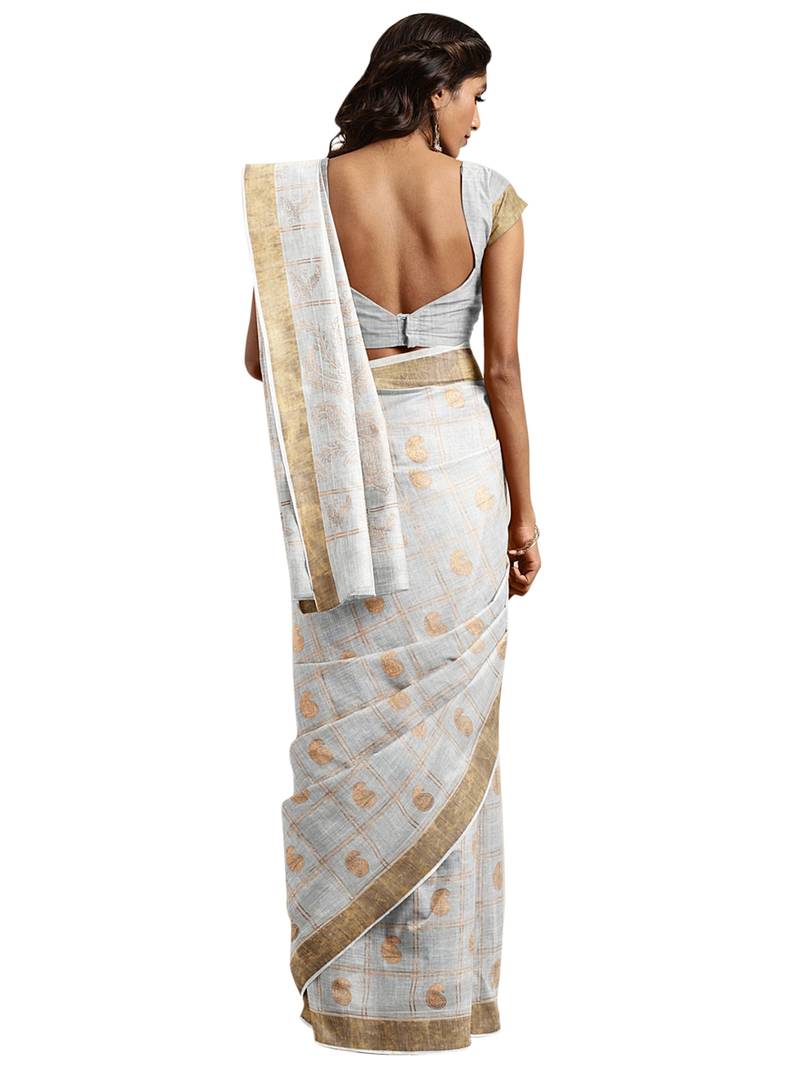 White woven pure cotton saree with blouse - Pavecha's - 3183877