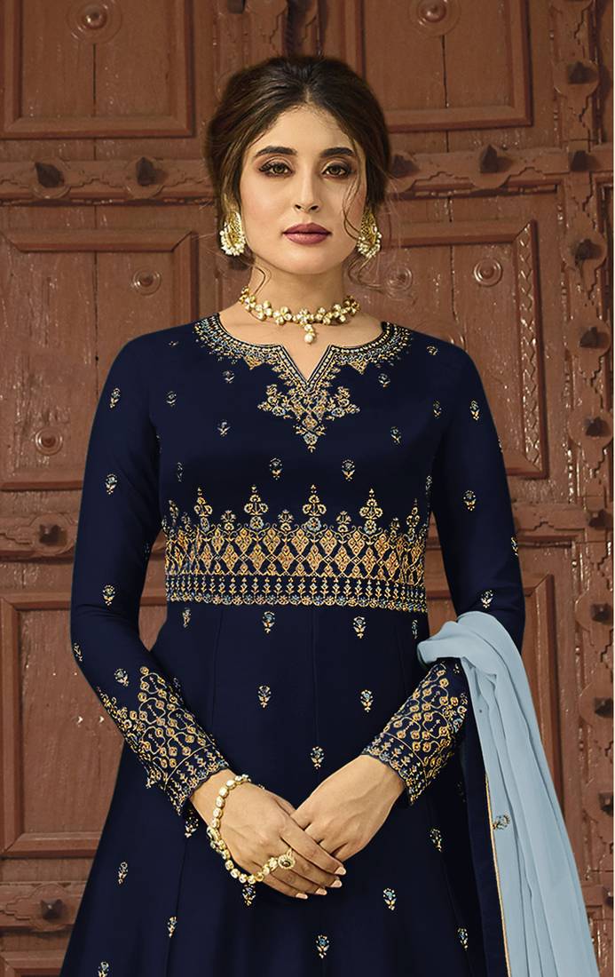 Blue embroidered satin salwar - Lilots - 3185329