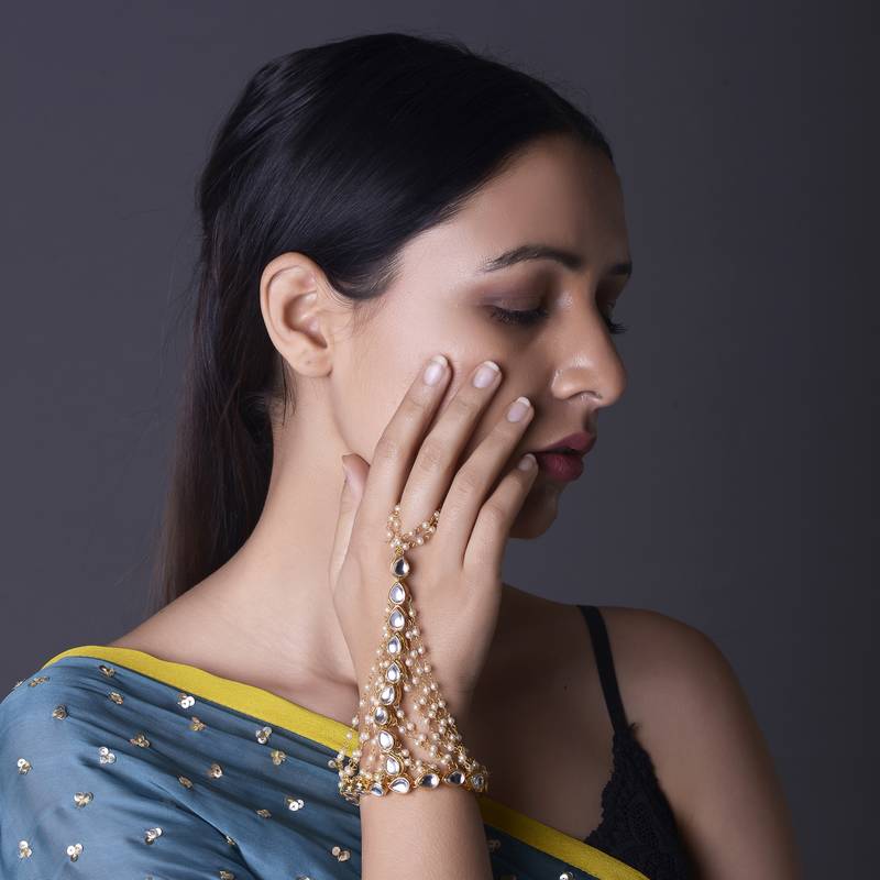 Gold Tone Kundan Inspired Hathphool With Pearls - Glitterati by ...