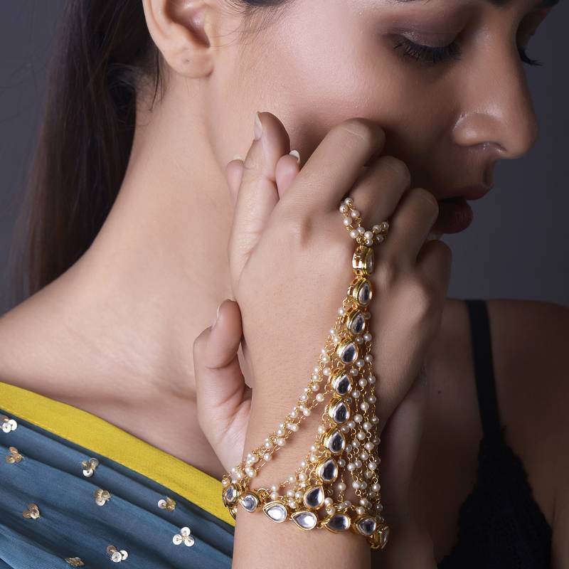 Gold Tone Kundan Inspired Hathphool With Pearls - Glitterati by ...