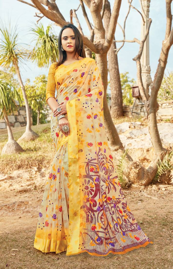 Yellow Cotton Printed Traditional Saree - Sangam Prints - 3187697