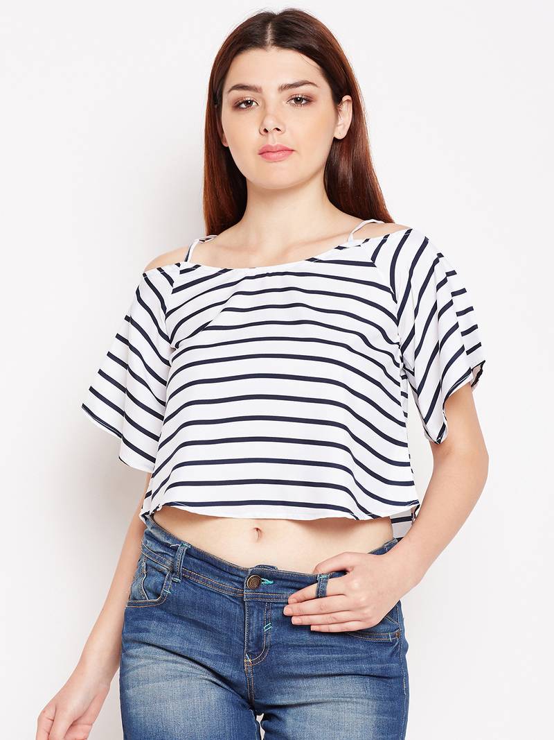 Women's White and Navy Blue Color Stripe Printed Crepe Top - BLUE ...