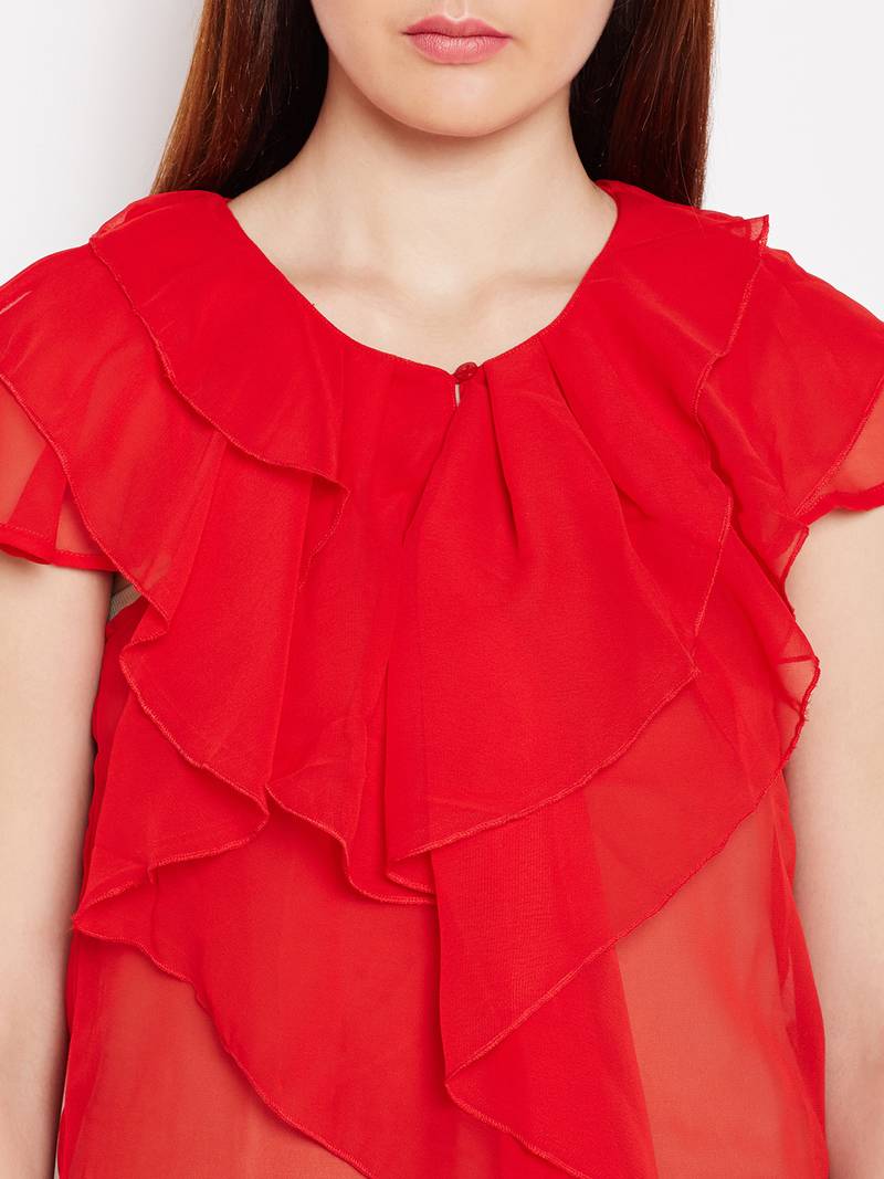 Women's Red Color Plain Ruffle Georgette Top - BLUE PIEGEON - 3189138