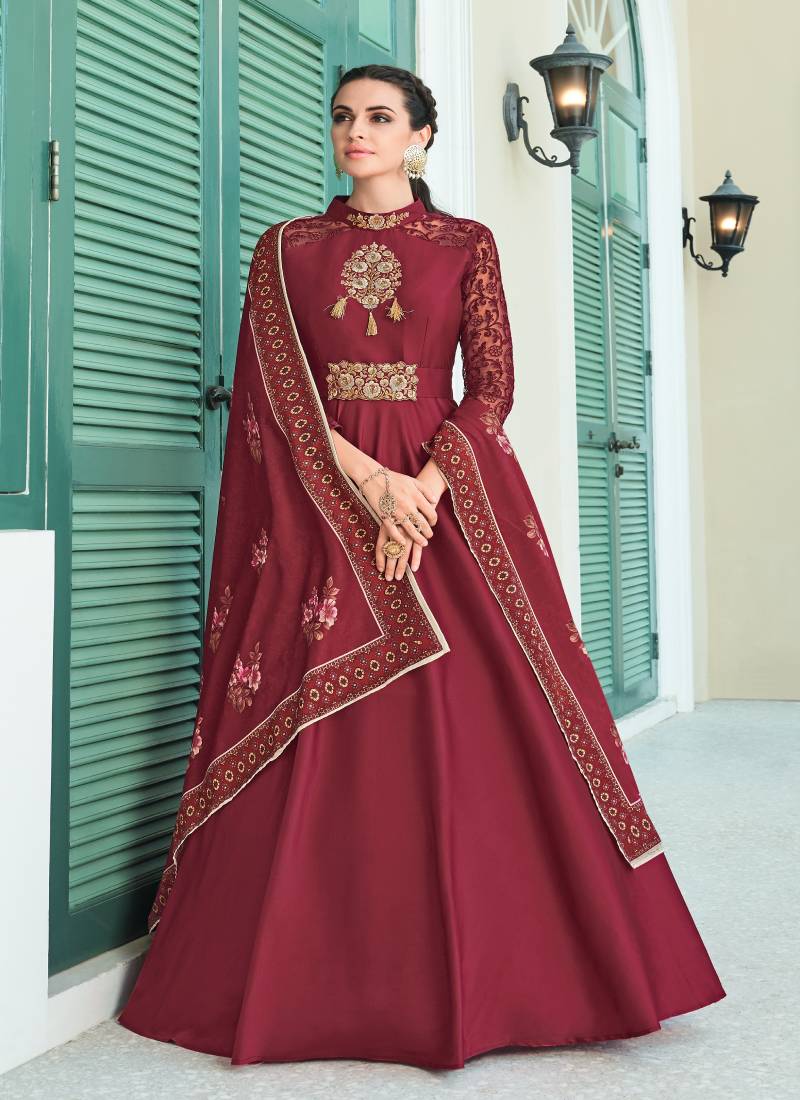 Maroon embroidered silk salwar - Monjolika - 3191887