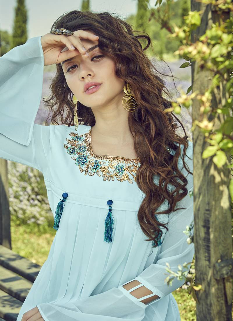 Sky Blue Georgette Embroidered Pakistani Kurtis - Vasu Sarees - 3193731