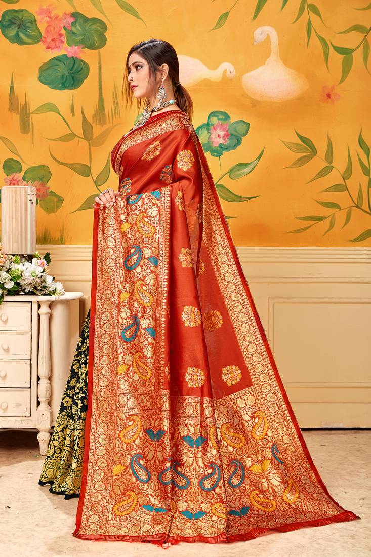 Red printed cotton saree with blouse - Rajnandini - 3196629