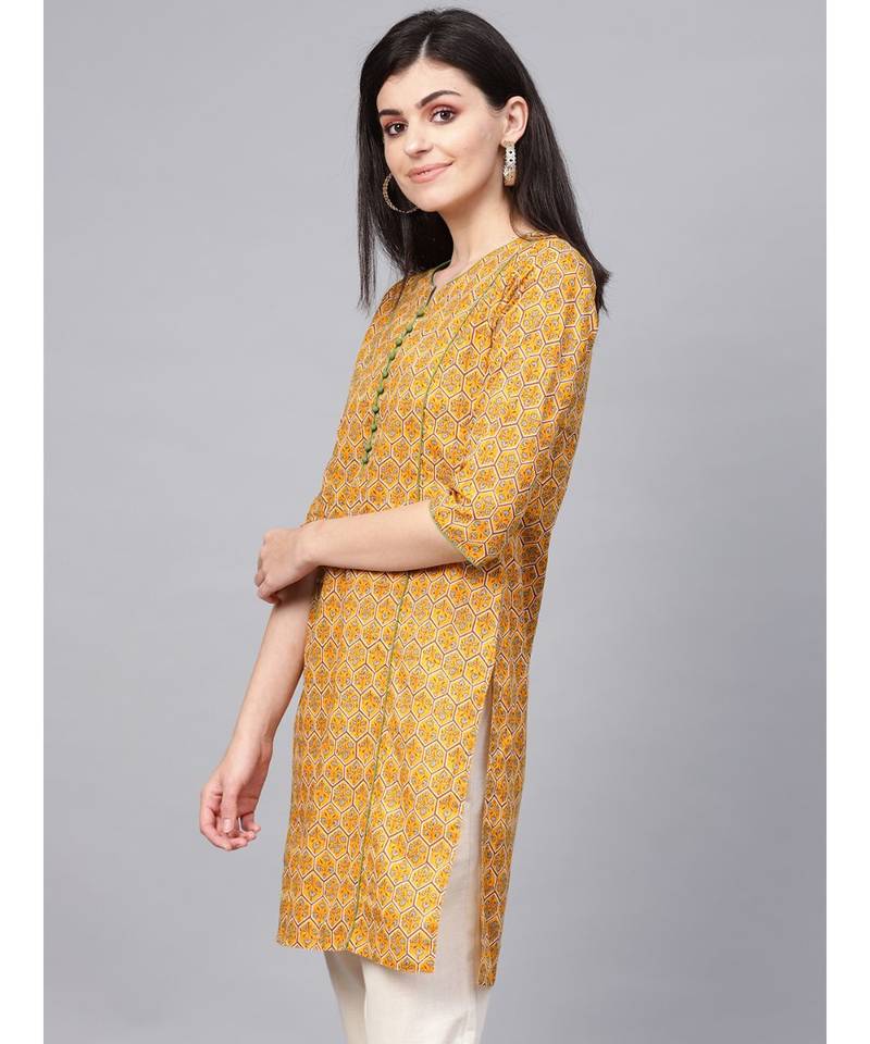 Potli Buttons Detailing Printed Straight Yellow Kurta - Jaipur Kurti ...