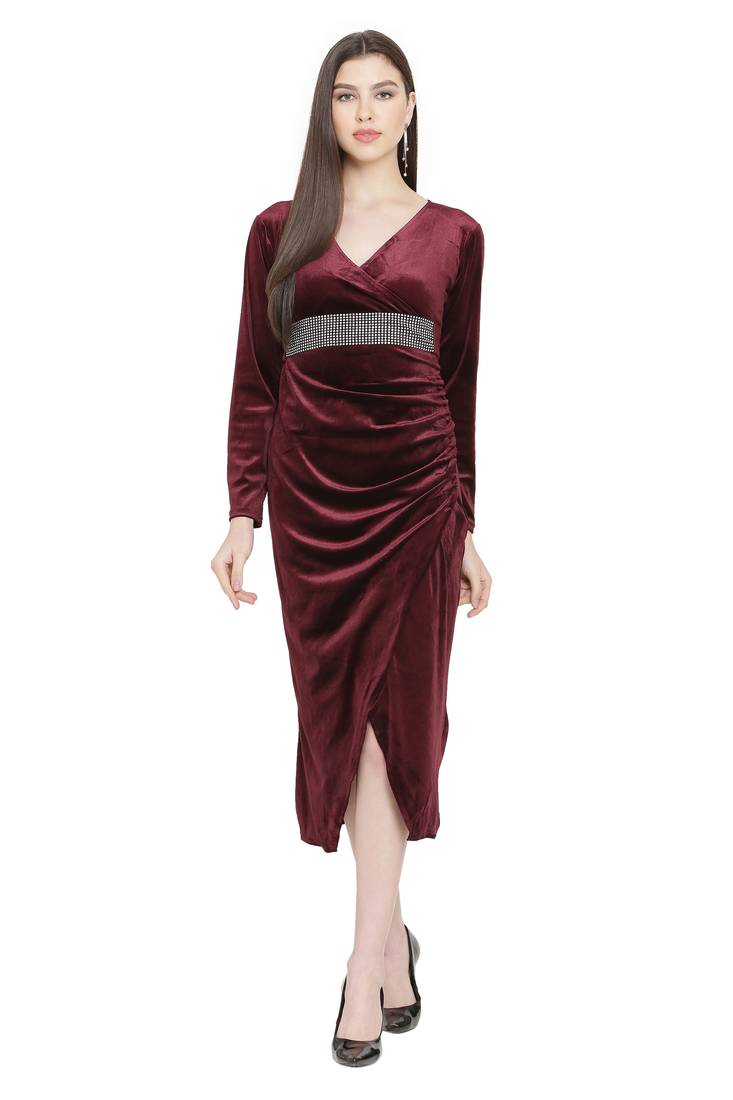 Maroon Color Velvet Fabric Middy - FUNKIEZ FASHION - 3200182