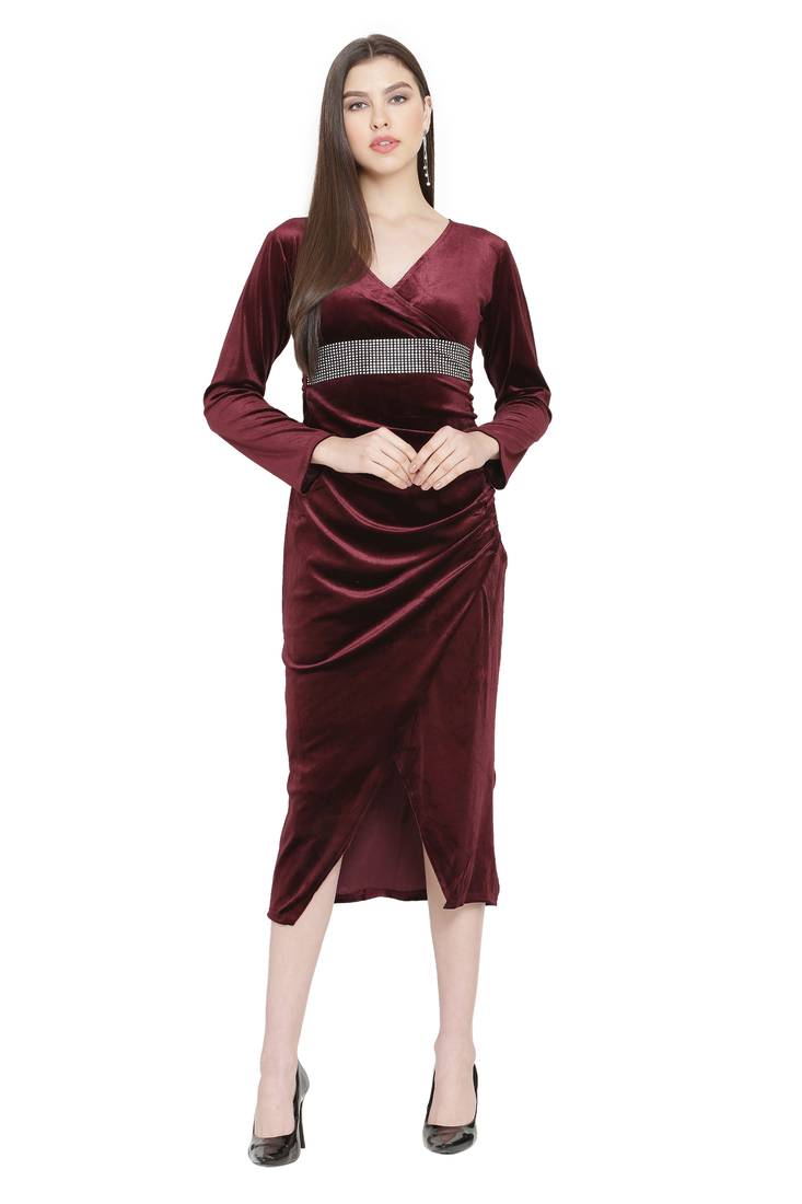 Maroon Color Velvet Fabric Middy - FUNKIEZ FASHION - 3200182