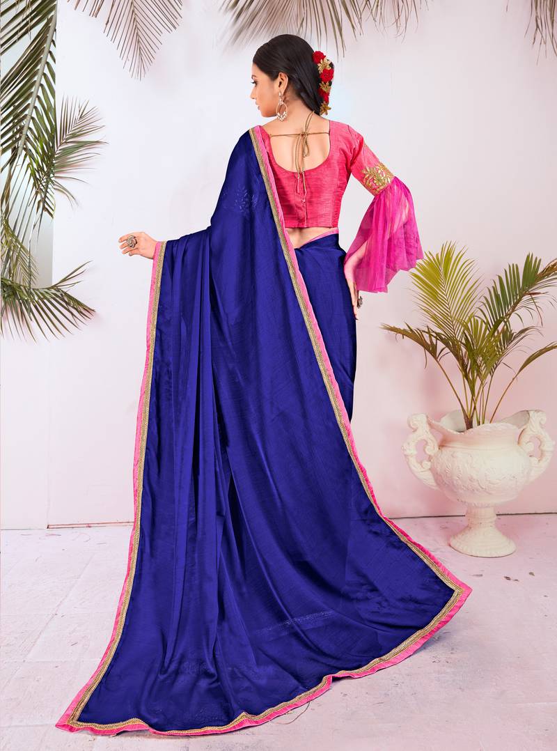 Blue Plain Chiffon Saree With Blouse - AASVAA FASHION - 3201304