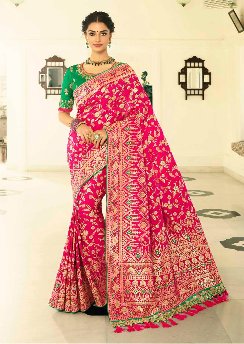 Rani pink woven silk saree with blouse - Lilots - 3201237