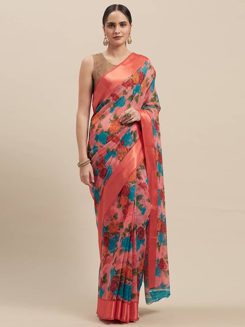 Woman's Peach Colored Digital Printed Cotton Blend Saree - Nanda Silk ...