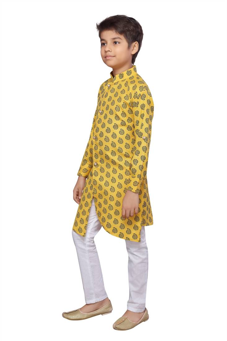 Yellow plain cotton boys-kurta-pyjama - Bhartiya Paridhan - 3202037