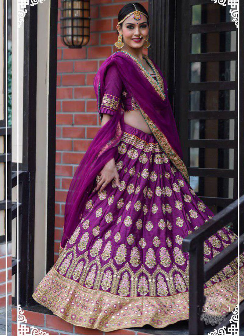 Purple Plain Silk Unstitched Lehenga - Rajasthanibazar - 3203890