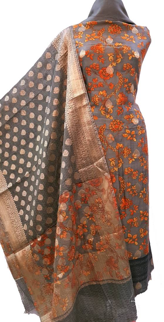 Gray Floral Print Zari Weave Chanderi Silk Suit Fabric - Suroh by ...