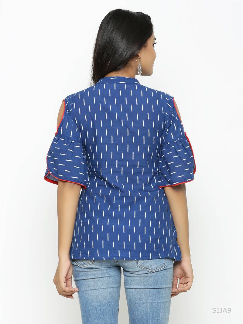 Women's Blue Cotton Cambric Ikkat Printed Top - YASH GALLERY - 3205895