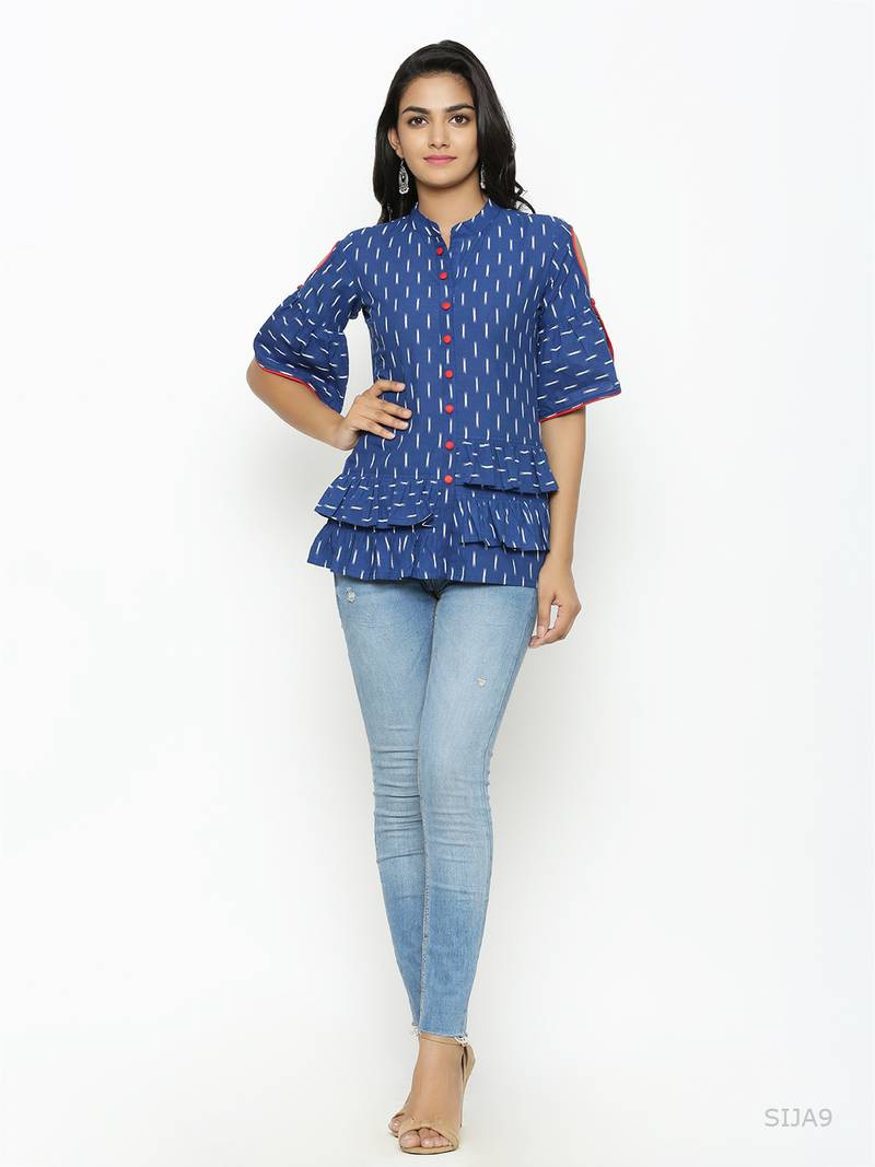 Women's Blue Cotton Cambric Ikkat Printed Top - YASH GALLERY - 3205895