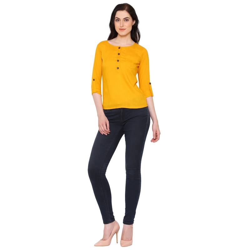 Women's Yellow Womens Casual Solid Top - YASH GALLERY - 3205938