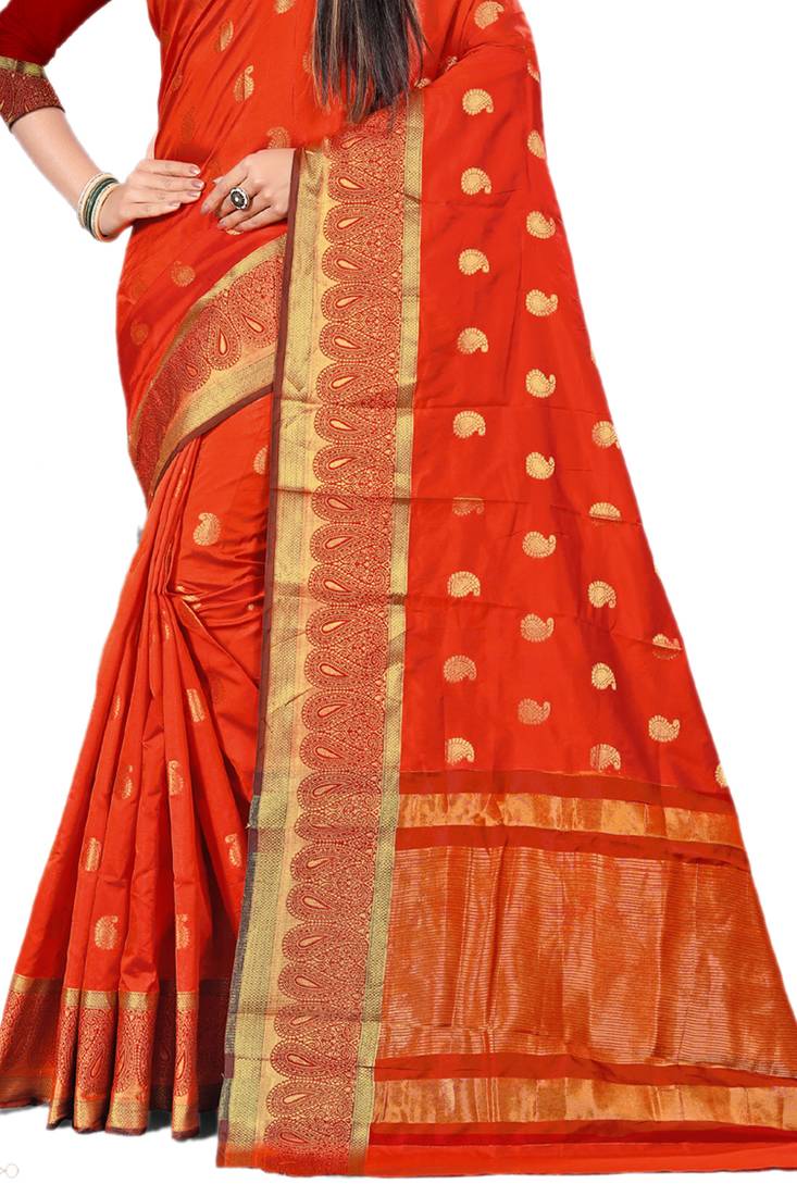 Rust Woven Banarasi Saree With Blouse - KAD CREATIONS - 3205940
