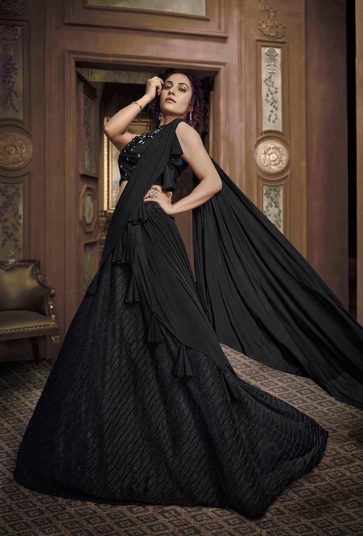 Black plain silk stitched lehenga - Lilots - 3206322