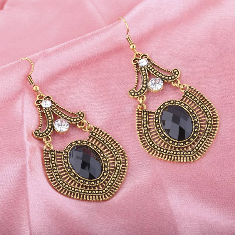 Stunning Golden Unique Big Black Stone Earrings For Women - Silver ...