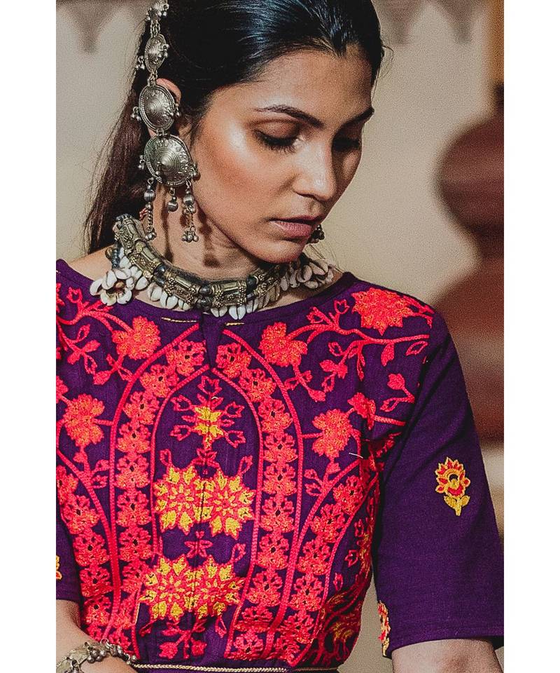 Deep Purple khadi embroidered kedia and tulip pants - MESMORA - 3207514