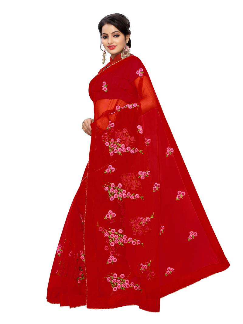 Red Embroidered Net Saree With Blouse - Satrani Fashion - 3207534