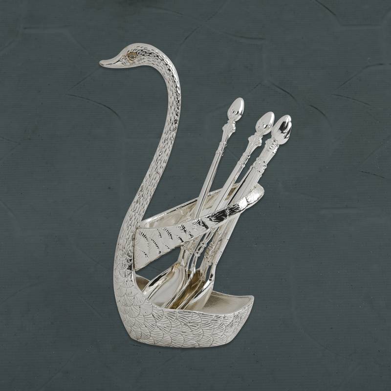 Silver Plated Decorative Swan Shaped 6 Spoon Set For Gift-Set Of 7 ...