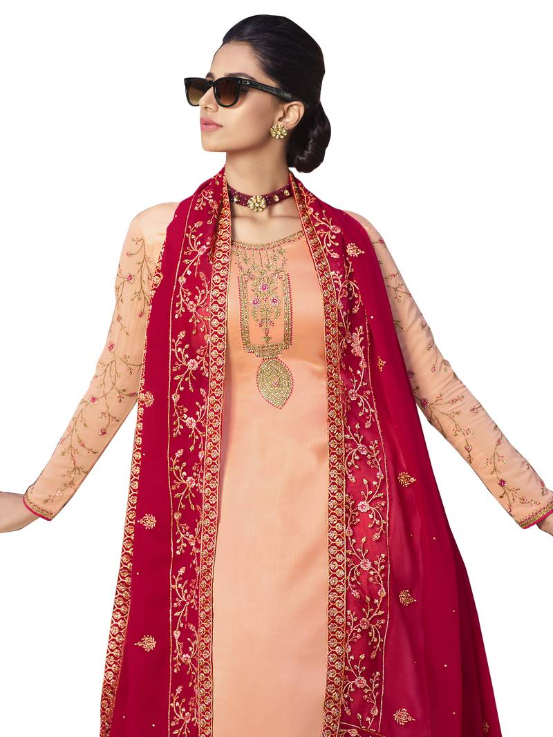 Peach embroidered satin salwar - Stylee Lifestyle - 3208123