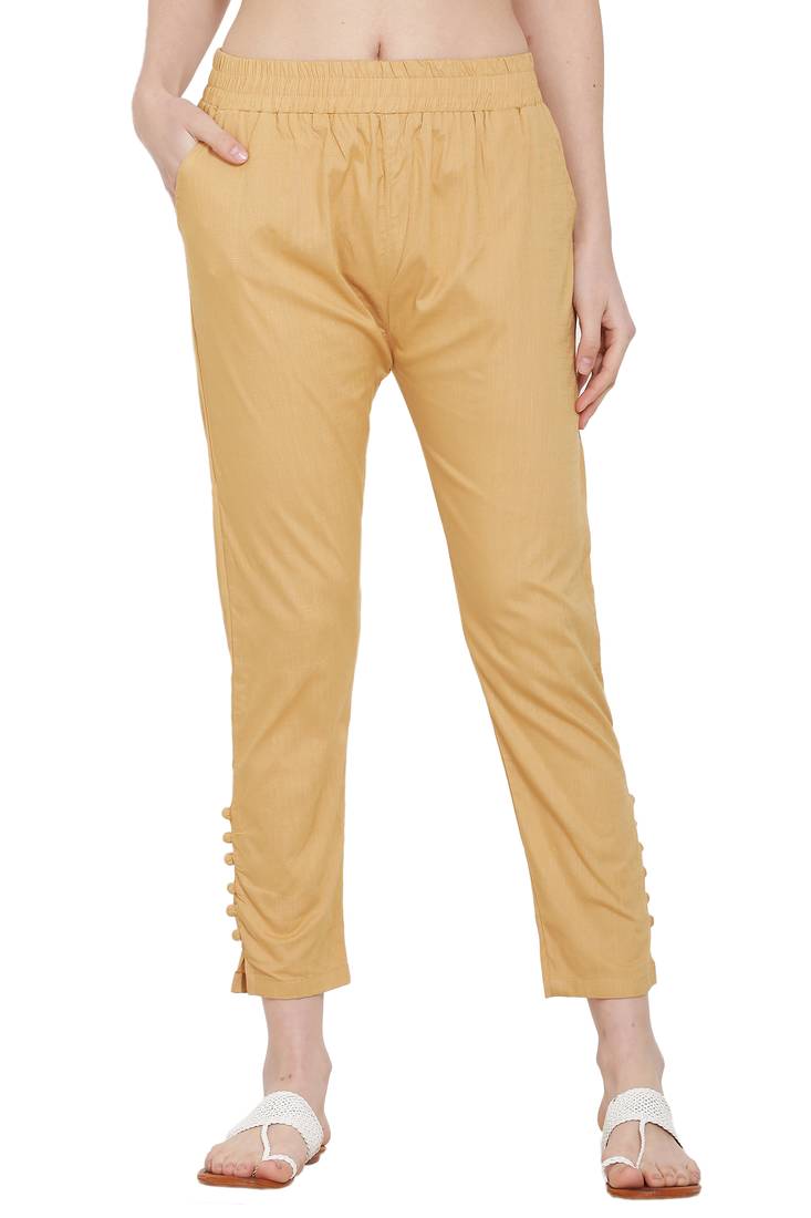 Beige Color Slub Cotton Stretchable potli Button Pant - ASMAANI - 3208163