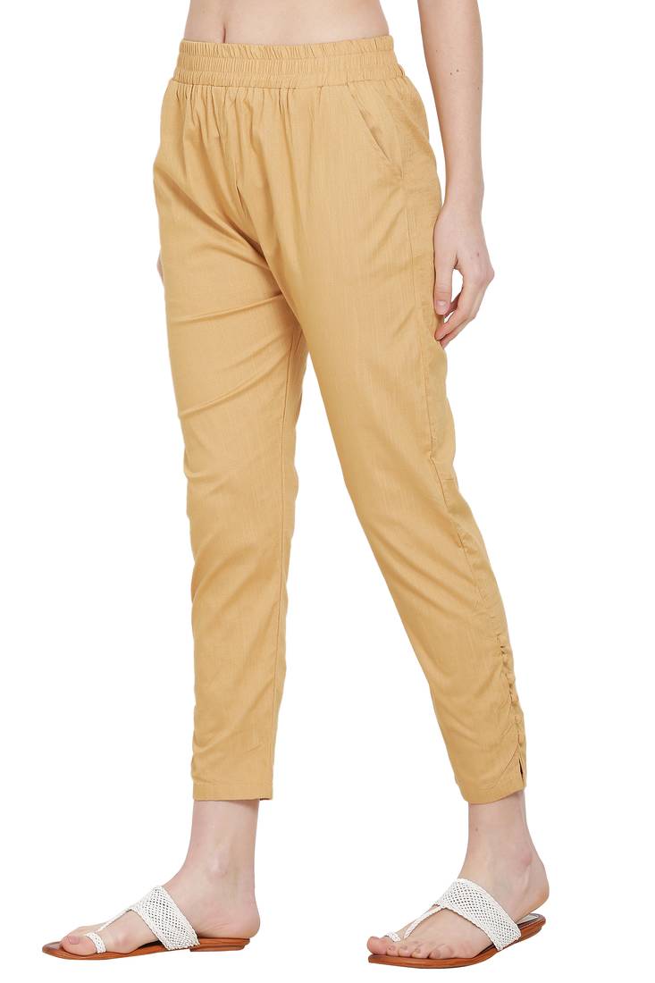 Beige Color Slub Cotton Stretchable potli Button Pant - ASMAANI - 3208163