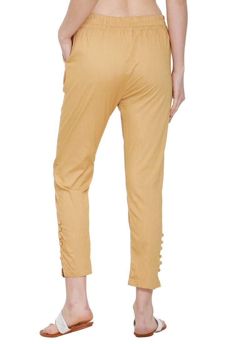 Beige Color Slub Cotton Stretchable potli Button Pant - ASMAANI - 3208163