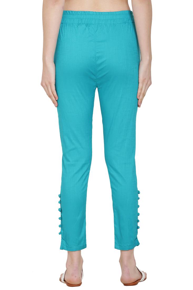 Turquoise Color Slub Cotton Stretchable potli Button Pant - ASMAANI ...