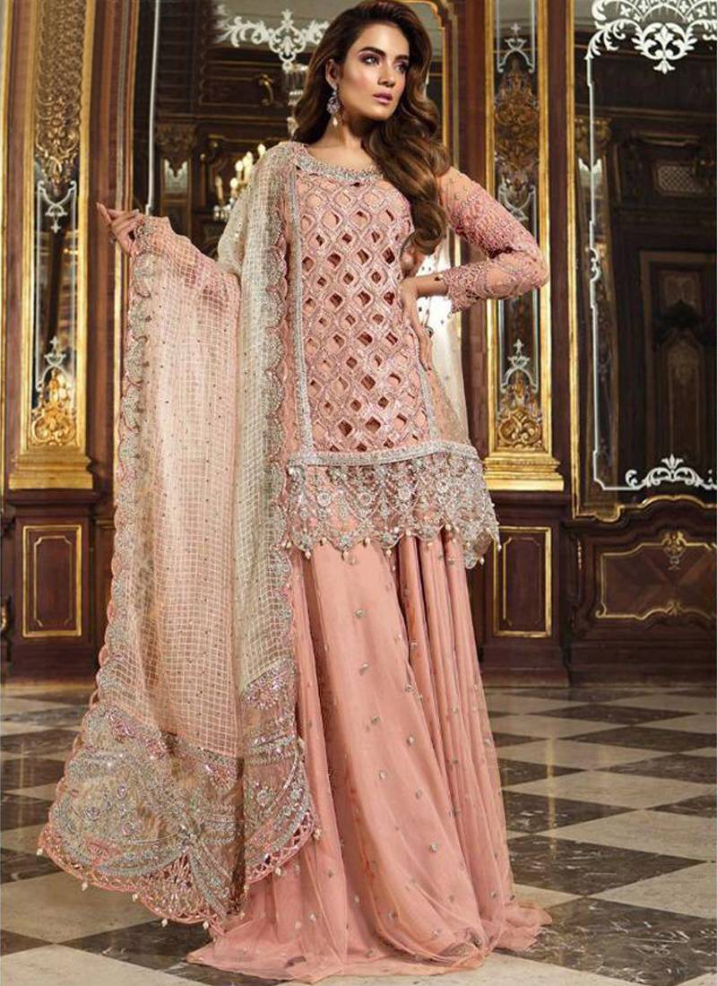 pink embroidered semi stitched salwar with dupatta - Vasu Sarees - 3211896