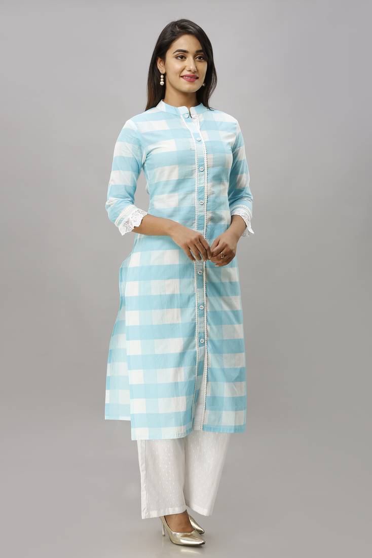 Women's Cotton Checkered Printed Straight Blue Kurta Palazzo Set ...