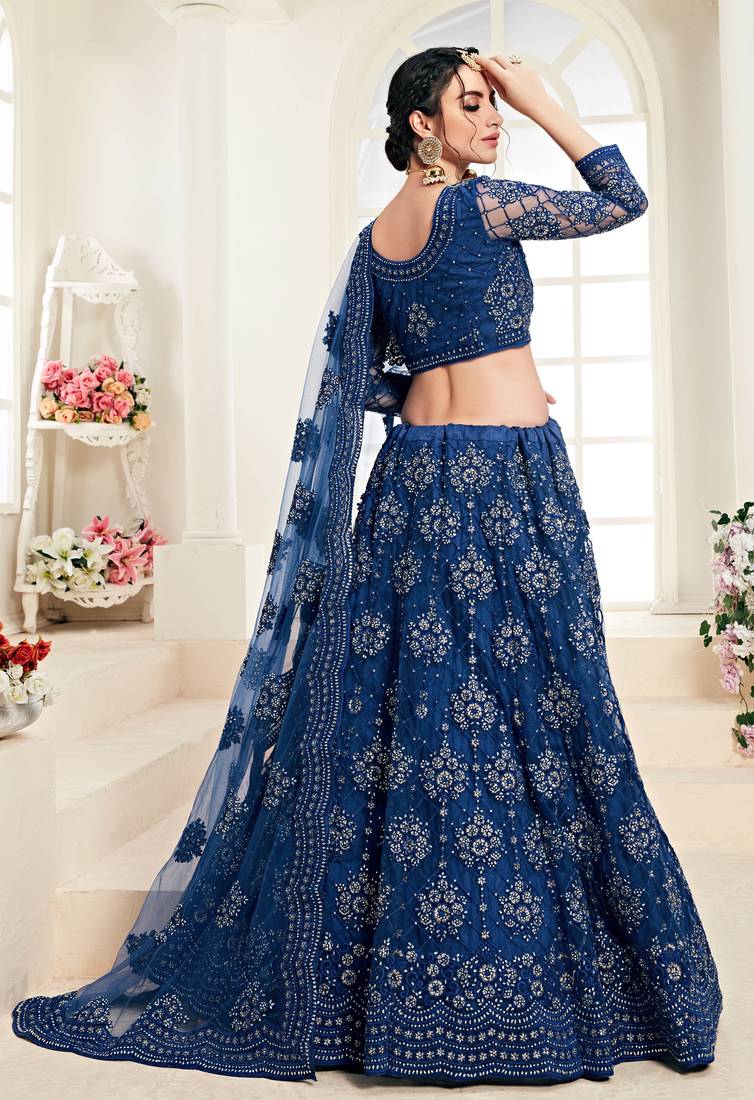 Light-blue embroidered net semi stitched lehenga - Lilots - 3215892