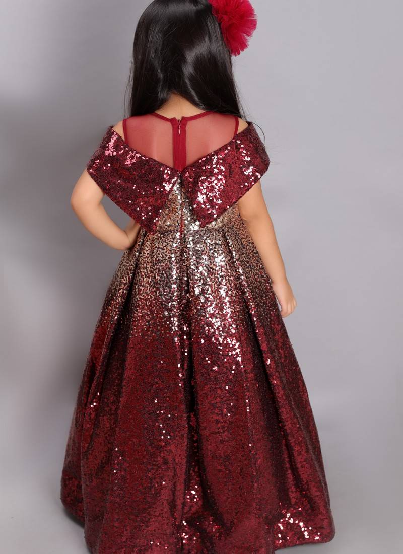 Maroon Embroidered Polyester Kids Girl Gowns - JANYAS CLOSET - 3217352