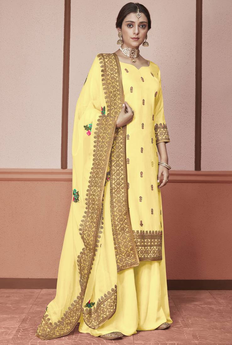 Yellow embroidered silk salwar - Lilots - 3221036